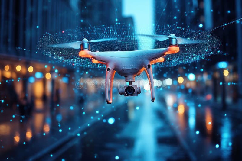 A Smart Drone with Built in CCTV Camera Hovers in Cityscape Stock Image ...