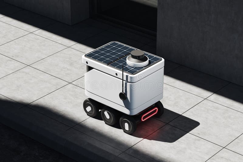 Delivery Robot Service Working in City, Modern Bot with Solar Panel Stock Illustration ...