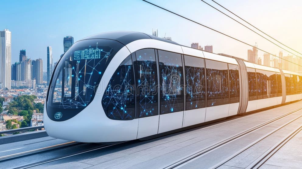 Smart Electric Tram with Digital Network Connectivity Over Cityscape ...