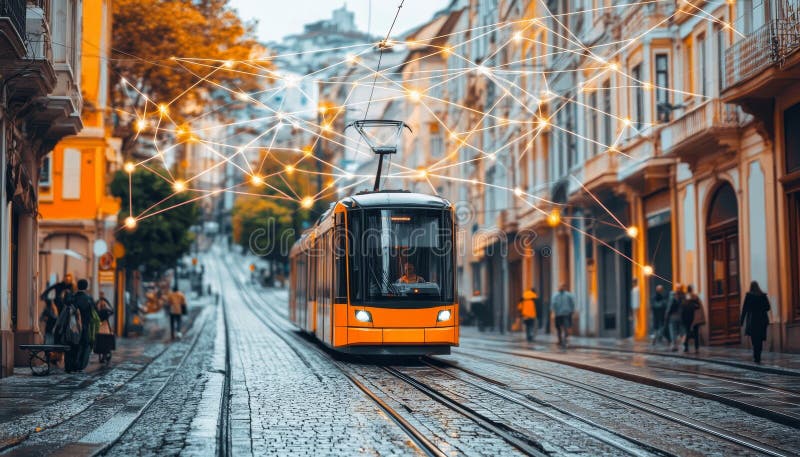Smart Electric Tram with Digital Network Connectivity, Symbolizing ...