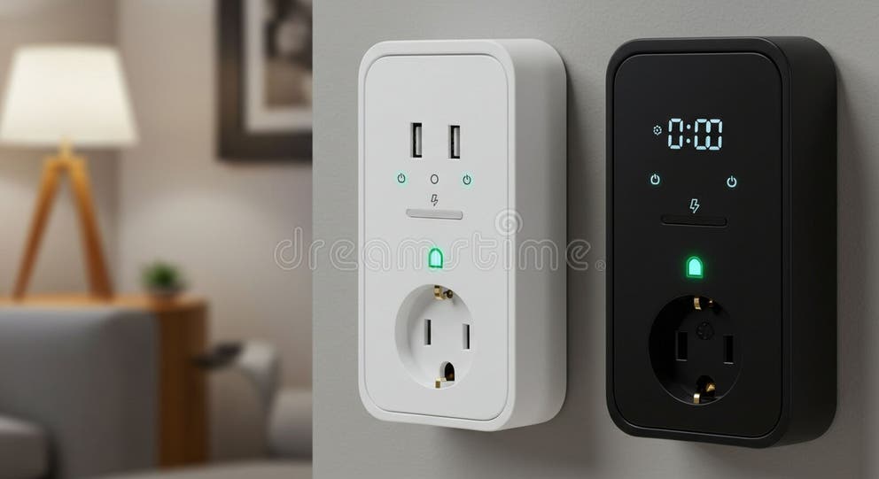 Smart Electrical Sockets are Mounted on a Wall, One White and One Black ...
