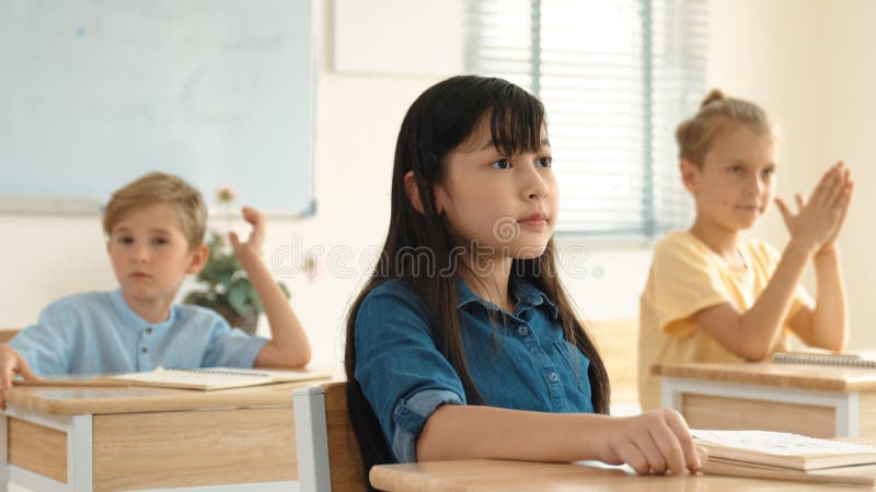 Smart Elementary Student Looking at Teacher while Attend in Classroom ...