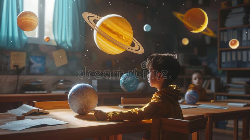 Smart Elementary Student Studying about Astronomy and Space at ...