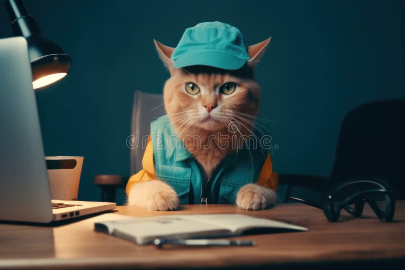 Smart Engineer Cat at His Workplace Near Laptop. Generative AI Stock ...