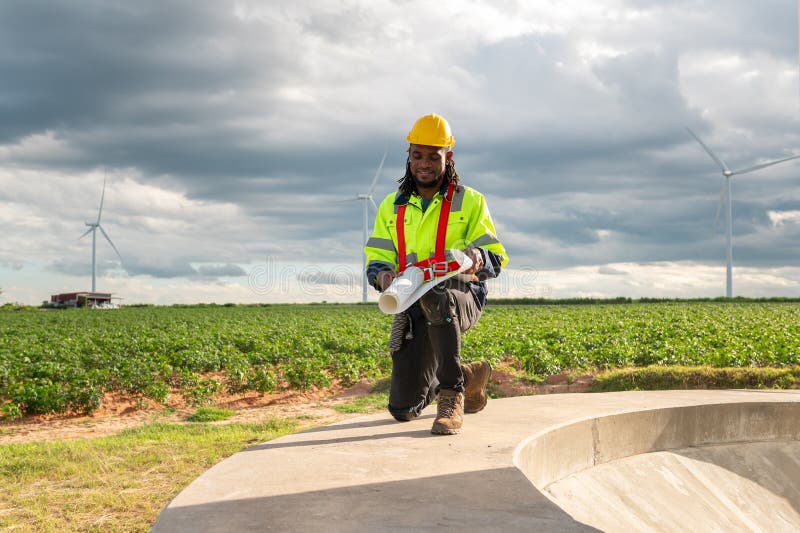 Smart Engineer with Protective Helmet Holding the Blueprint Working at ...
