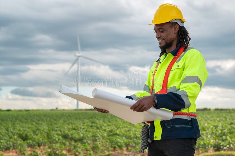 Smart Engineer with Protective Helmet Holding the Blueprint Working at ...