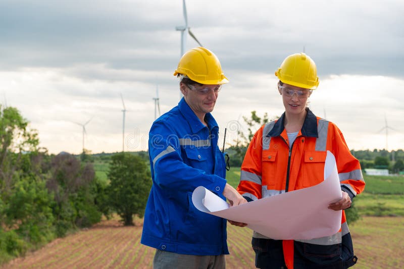Smart Engineer with Protective Helmet Holding the Blueprint Working at ...