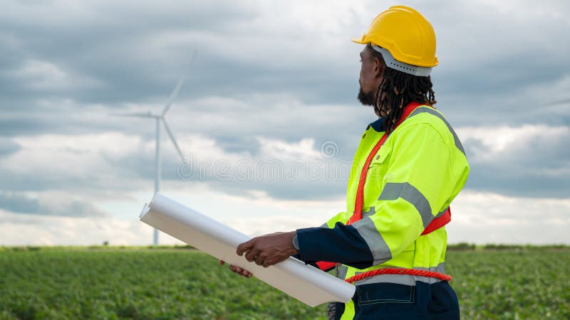 Smart Engineer with Protective Helmet Holding the Blueprint Working at ...