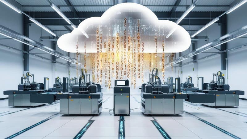 Smart Factory Floor Featuring Automated Machinery and Glowing Binary ...