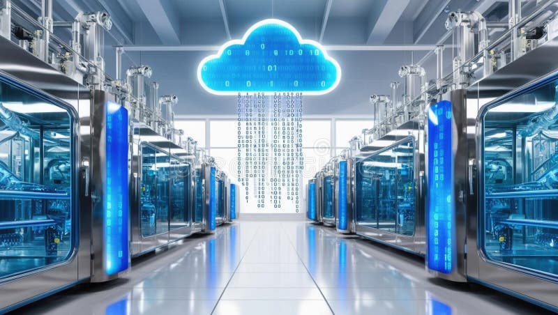 Smart Factory Floor Featuring Automated Machinery with Glowing Blue ...