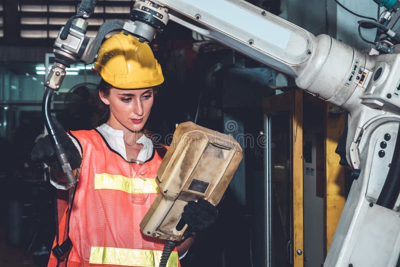 Smart Factory Job Worker Control Robotic Arm in Manufacturing Workshop ...