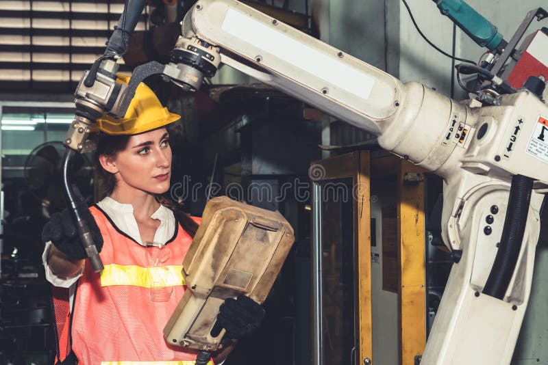 Smart Factory Job Worker Control Robotic Arm in Manufacturing Workshop ...