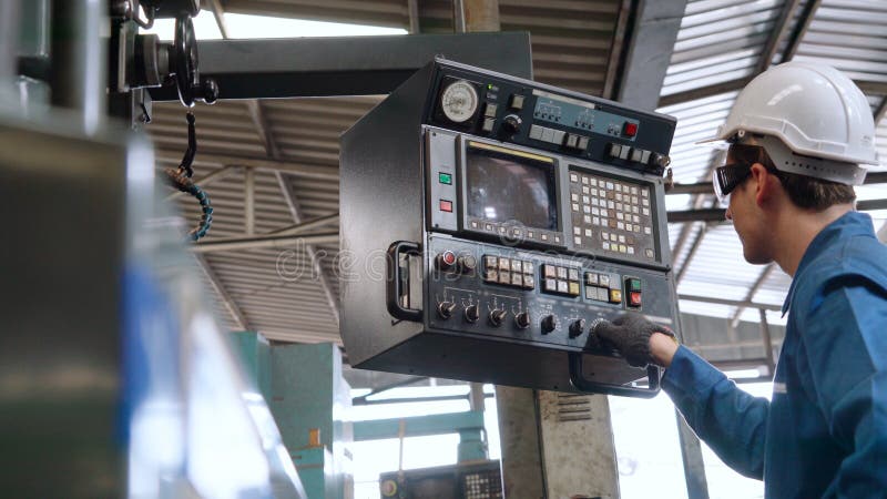 Smart Factory Worker Using Machine in Factory Workshop Stock Photo ...