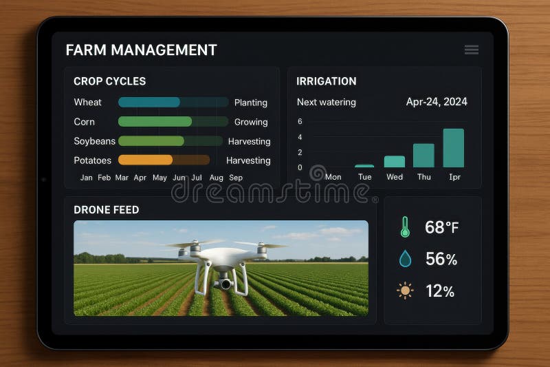 Smart Farm Management Dashboard with Crop and Irrigation Data on Tablet ...