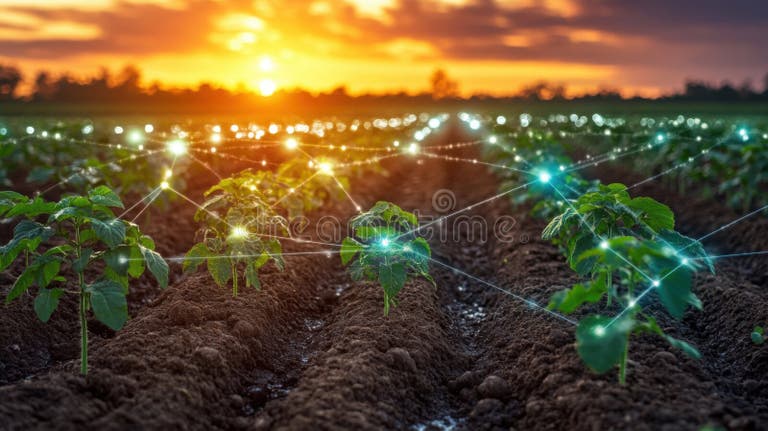 Smart Farming, Networked Tomato Plants at Sunset Stock Image - Image of ...