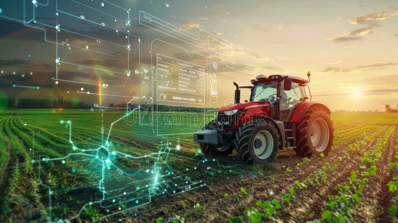 Smart Farming Technology with Autonomous Tractor in a Field at Sunset ...