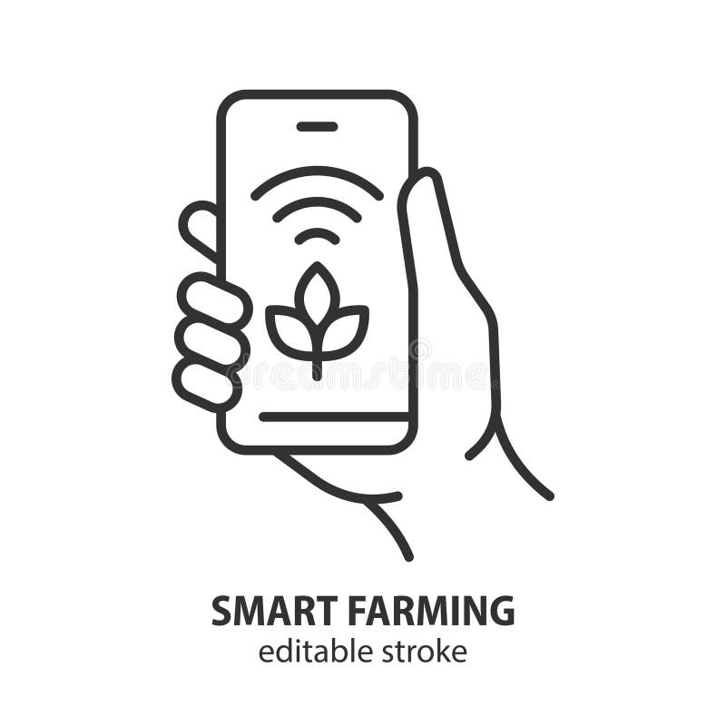 Smart Farming Vector Line Icon. Hand Holding Smartphone with Plant ...