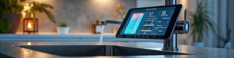 Smart Faucet with Digital Screen in Modern Kitchen Setting Stock Image ...