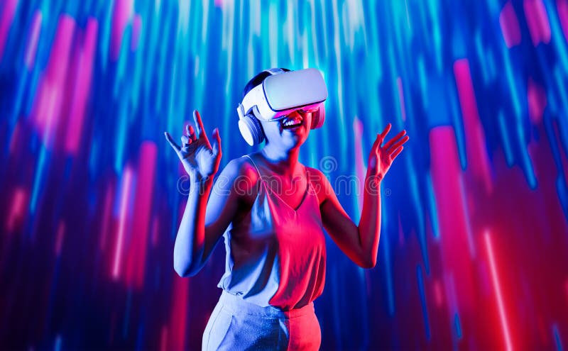 Elegant Female in Metaverse Enjoy Dancing Wavering Body and Sing ...