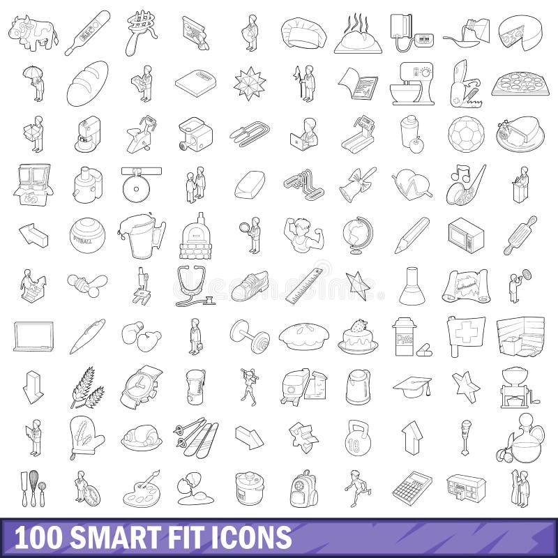 100 Smart Fit Icons Set, Outline Style Stock Vector - Illustration of ...
