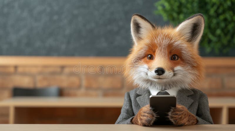 Smart Fox in Business Suit Using Smartphone in Modern Office Setting ...