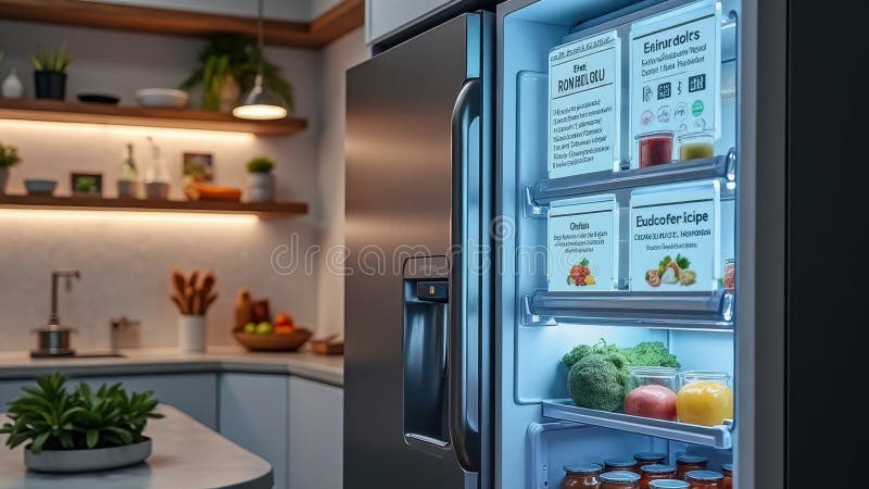 Smart Fridge with Open Door Showing Fresh Vegetables, Fruits, and Jars ...