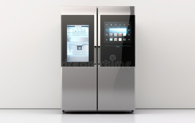 Smart Fridge with Touchscreen Interface on White Background Stock Photo ...
