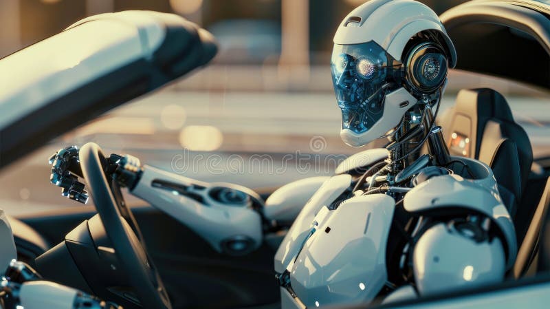 Smart Futuristic Humanoid Robot Drives Car in Future, White Android ...