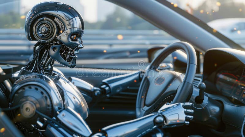 Smart Futuristic Humanoid Robot Drives Car in Future, White Android ...