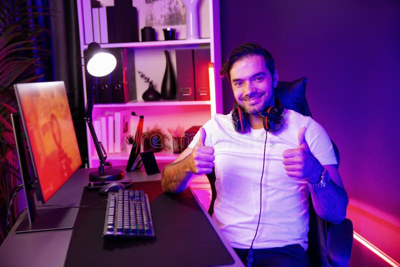 Smart Gaming Streamer Looking at Camera with Pose Playing Shooting ...