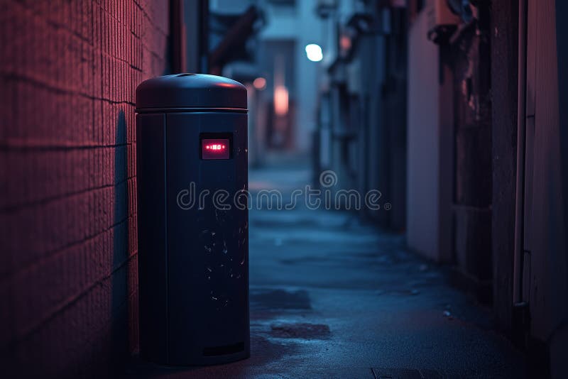 Smart Garbage Bin Blinks in a Quiet Alley during Nighttime, Showcasing ...