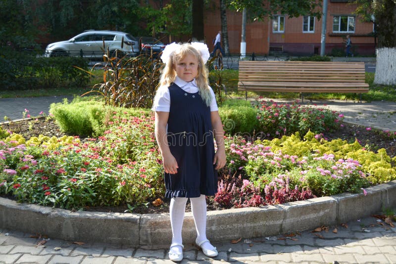 A Smart Girl in a School Uniform with White Bows on the First of ...