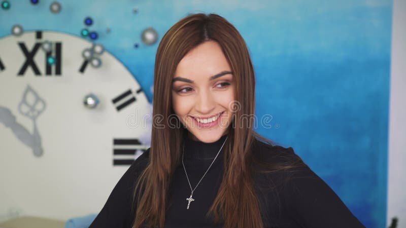 Smart Girl Posing on Camera in Room. University Student Wearing ...