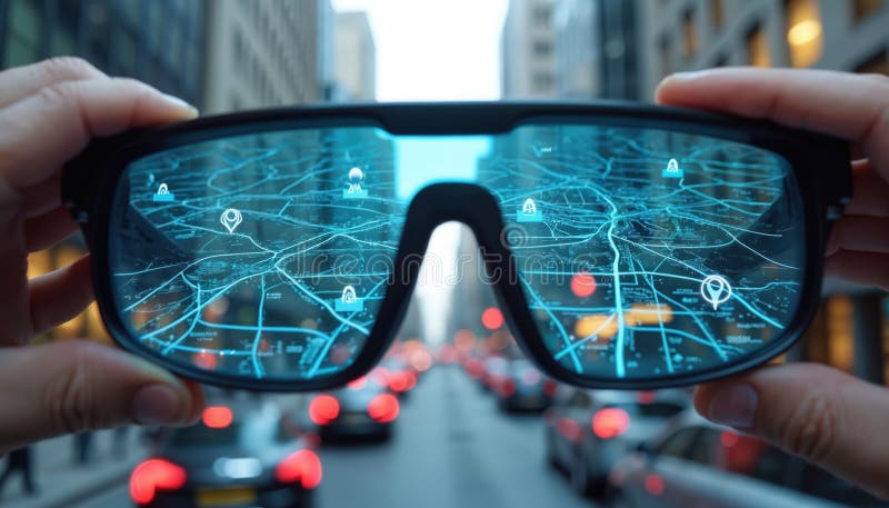 Smart Glasses Display Interactive City Map Data Points. Augmented ...