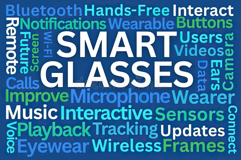 Smart Glasses Word Cloud on Blue Background Stock Illustration ...