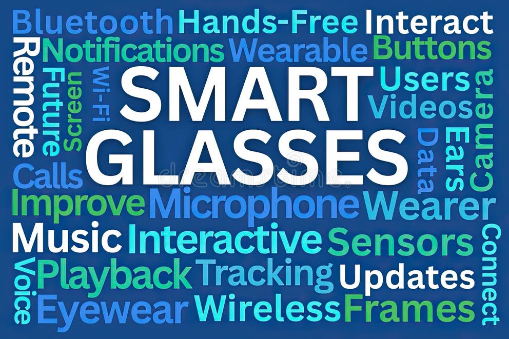 Smart Glasses Word Cloud on Blue Background Stock Illustration - Illustration of presentation ...