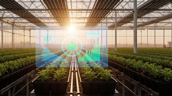 Smart Greenhouse with Futuristic Data Visualization Stock Illustration ...
