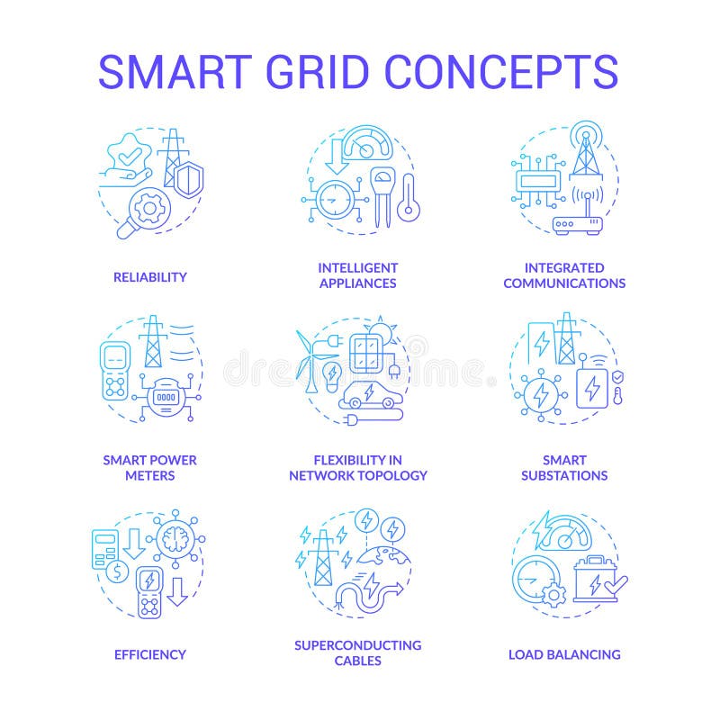 Smart Grid Blue Gradient Concept Icons Set Stock Vector - Illustration ...