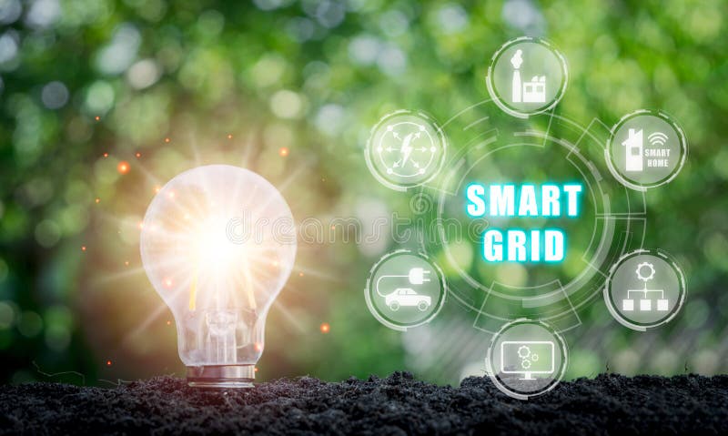 Light Bulb on Soil with Smart Grid Icon on Virtual Screen Stock Image ...