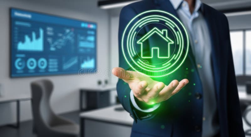 Smart Home Analytics Concept with Floating Green Hologram and Digital ...