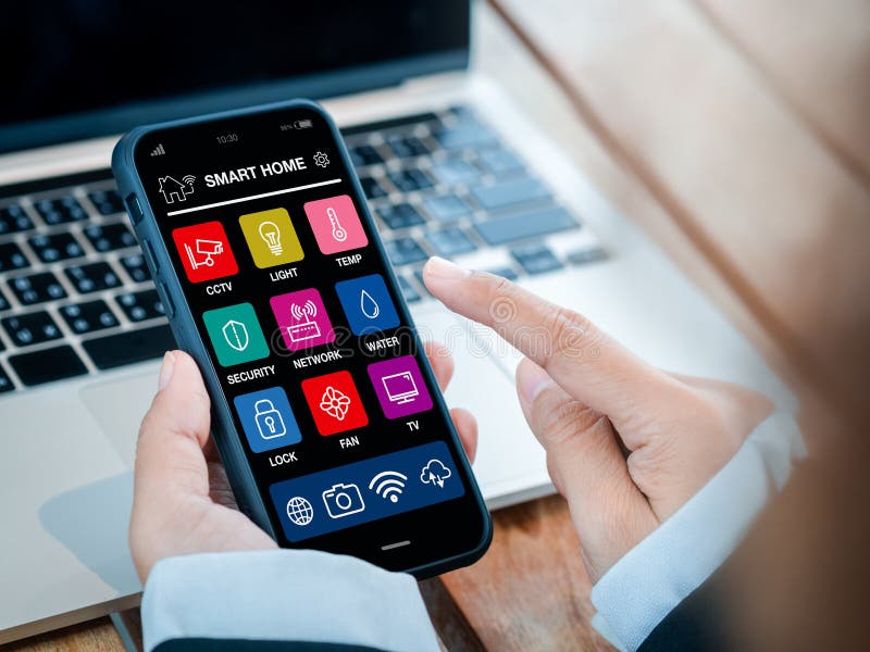 Smart Home Applications Technology on Smartphone Holding in Hand. Stock ...