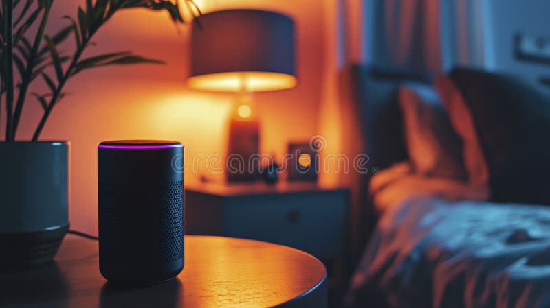 Smart Home Assistant Device on Bedside Table Cozy Bedroom Tech Gadgets ...