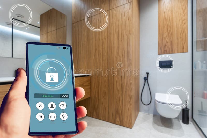 Smart Home Automation App on Smartphone Hold by Female Hand with Home ... Smart Home Automation App on Smartphone Hold by Female Hand with Home ...