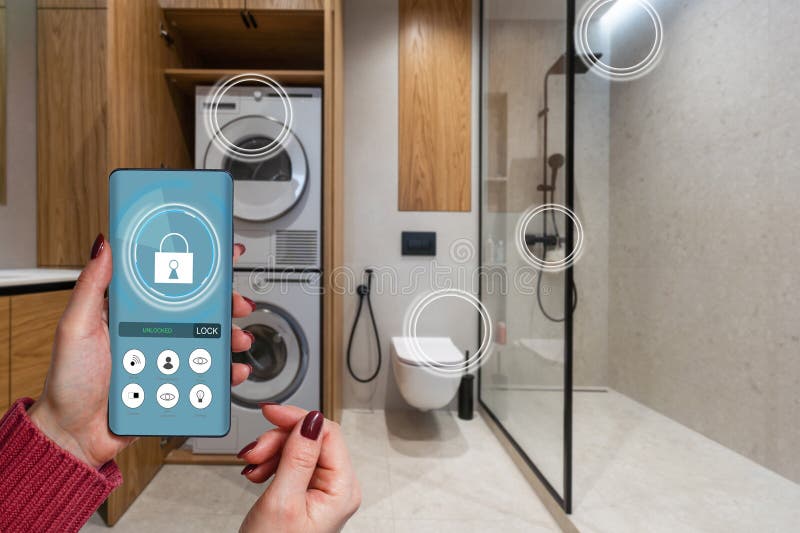 Smart Home Automation App on Smartphone Hold by Female Hand with Home ... Smart Home Automation App on Smartphone Hold by Female Hand with Home ...