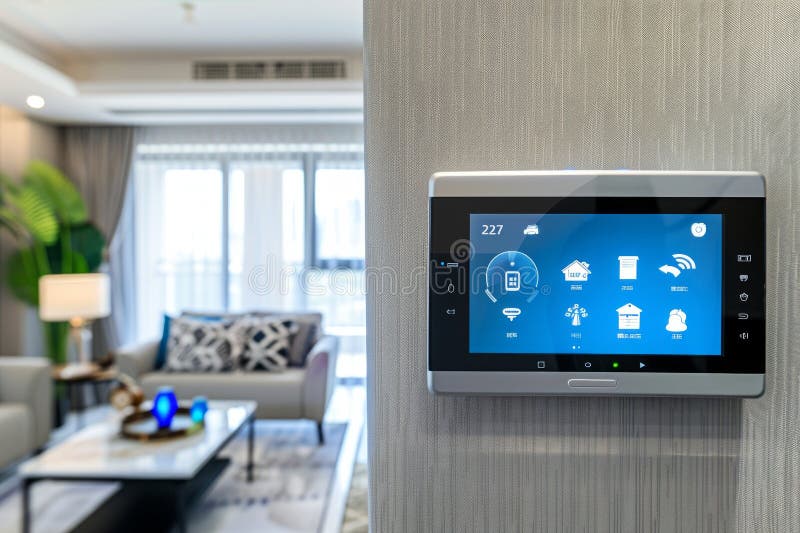 Smart Home Automation System Display on Wall in Modern Living Room ...