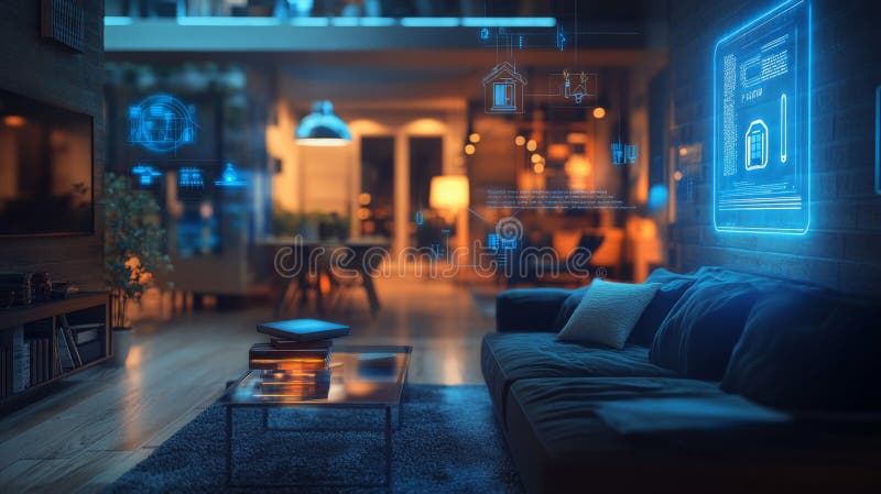 Smart Home Automation System Interface in Modern Living Room at Night ...