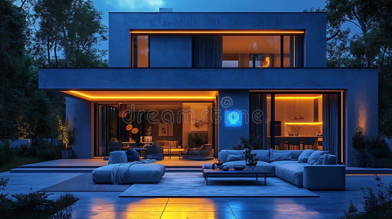 Smart Home Automation System, Night Scene, Exterior, Illuminated Stock ...