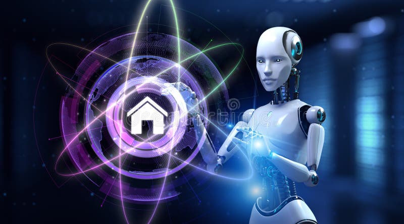 Smart Home Automation Technology. Robot Pressing Button on Screen 3d ...