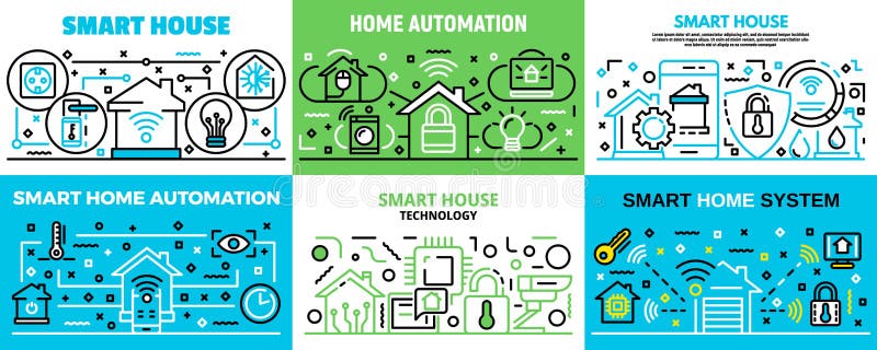 Smart Home Banner Set, Outline Style Stock Vector - Illustration of ...