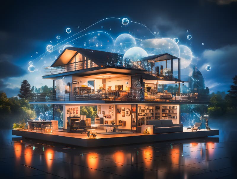 Smart Home Concept. Smart Home. Home Automation. Pop-up Apps on Walls ...